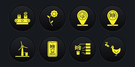 풍력 터빈 위치 및 나무 스마트 제어 농업 시스템 꽃 분석 닭 카메라 및 상자 아이콘이있는 컨베이어 벨트를 설정합니다 벡터 검은색에 대한 스톡 벡터 아트 및 기타 이미지