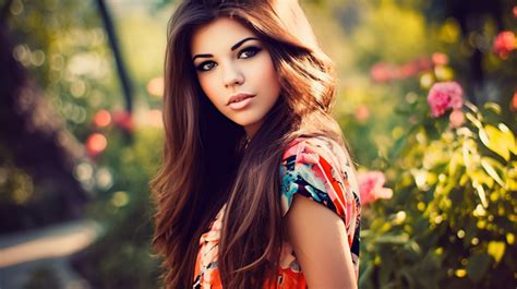 Brunette Beautiful Girl In The Garden With Flowers Backgrounds 
