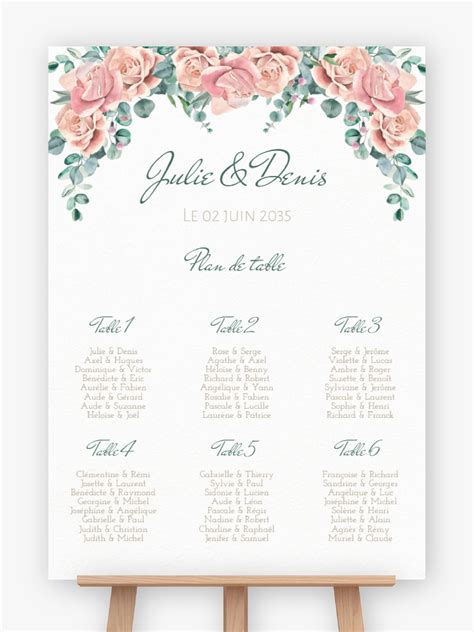Plan de table mariage à imprimer Douceur de roses Support au choix