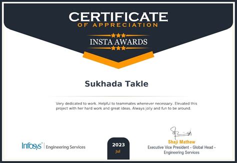 Sukhada Takle On Linkedin Infosys Instaaward Appreciation Infoscion Infydiaries Grateful