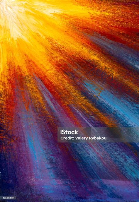 손으로 그린 유화 노란색 오렌지 태양 광선 에 블루 보라색 핑크 배경 그라데이션 추상 미술 배경 캔버스에 유화 아트웍의 조각입니다 현대 현대 미술 다채로운 캔버스 태양광선에