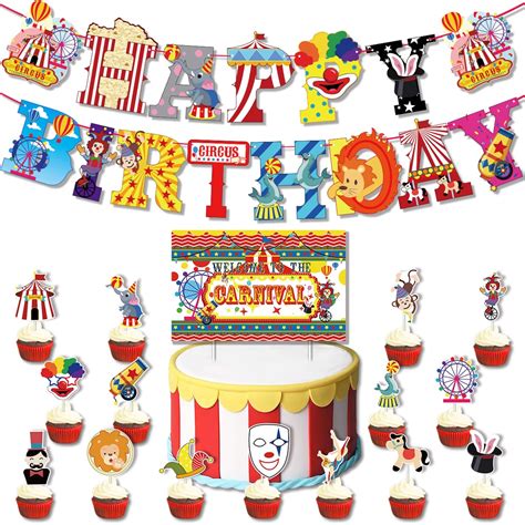 Circus Birthday Theme Party Banner Clown Circus Balloons Cake Topper
