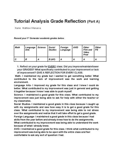 Matthew Villanueva Tutorial Analysis Grade Reflection 2608230 Tutorial Analysis Grade