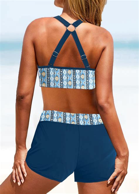 Metal Ring Geometric Print Peacock Blue Bikini Top Modlily USD