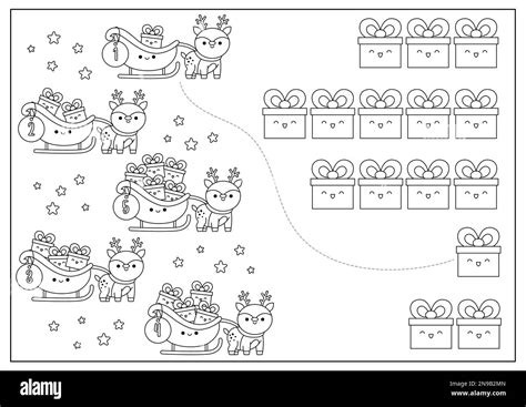 Christmas Black And White Matching Game With Cute Kawaii Deer Sledge