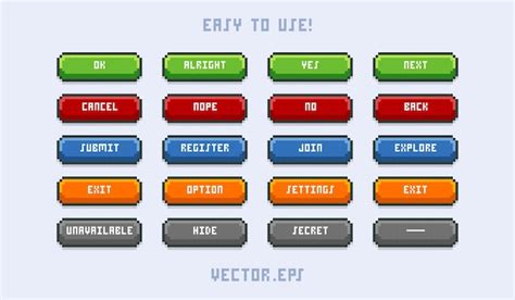 간단한 컬렉션 게임 Ui 버튼 픽셀 아트 귀여운 활기찬 스타일 부드러운 색 파란색 배경 프리미엄 벡터