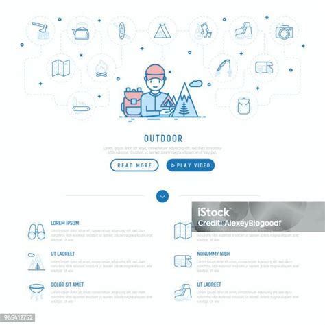 야외 개념 산에 배낭 여행자 얇은 선 아이콘 삼촌 부츠 주전자 도끼 지도 스위스 나이프 카누 카메라 낚시 대 쌍안경 벡터 일러스트 레이 션 웹 페이지 서식 파일 개념에 대한