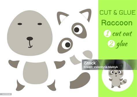 종이 작은 너구리를 자르고 붙입니다 어린이 공예 활동 페이지 미취학 아동을위한 교육 게임 Diy 워크 시트 어린이 예술 게임 및 활동 퍼즐 벡터 스톡 일러스트 0명에 대한