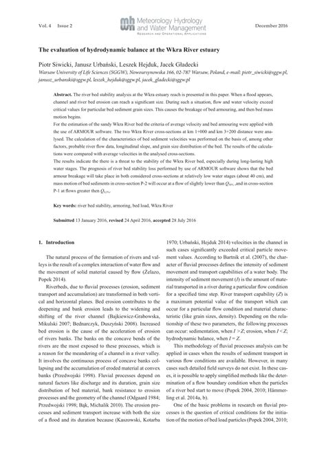 PDF The Evaluation Of Hydrodynamic Balance At The Wkra River Estuary