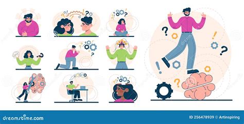 Thinking Process Set Character Full Of Thoughts Searching For An Answer Stock Vector