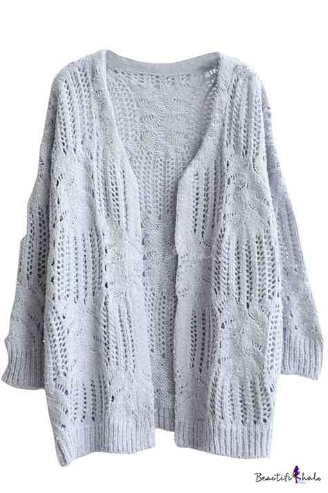 Plain V Neck Open Front Cutout Long Sleeve Knit Cardigan