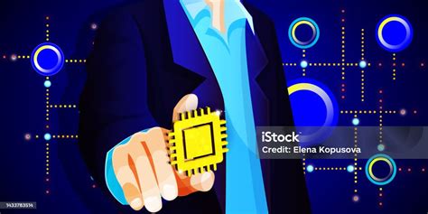 Nanotechnology Concept In Realistic Style Young Man In A Business Suit With A Central Processing