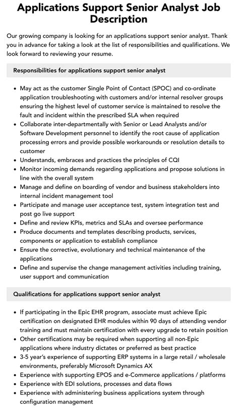 Applications Support Senior Analyst Job Description Velvet Jobs