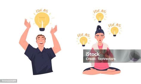 전구를 가진 생각하는 사람들 아이디어 생성 브레인스토밍 창의성 및 솔루션 만화 벡터 일러스트레이션 개발에 대한 스톡 벡터 아트 및 기타 이미지 Istock