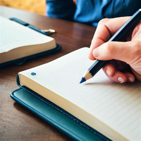 Mujer Mano Escribiendo En Cuaderno Sobre Mesa De Madera De Cerca