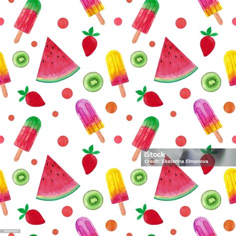 아이스크림과 과일의 수채화 패턴 흰색 배경에 아이스크림 수박과 딸기의 여름 질감 여름 음식 맛이 가미된 빙과에 대한 스톡 벡터
