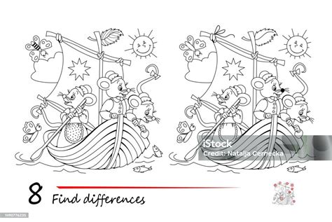8 가지 차이점을 찾으십시오 귀여운 생쥐가 항해하는 흑백 삽화 어린이와 성인을 위한 논리 퍼즐 게임 아이들 수수께끼 책을위한 페이지입니다 계산 기술 개발 플랫 벡터 그리기