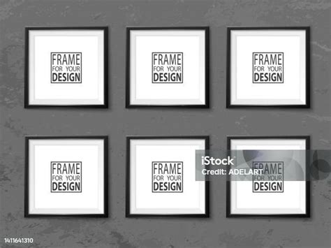 그런 지 회색 벽에 프레임 벽 갤러리 블랙 포토 프레임 모형 디자인을위한 빈 프레임 그림 그림 포스터 인용문 또는 사진을위한 벡터 그림 프레임 템플릿 0명에 대한 스톡 벡터