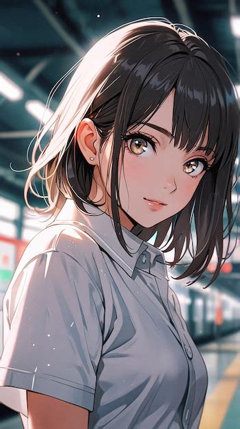 Photo Anime Girl With Short Hair Wearing White Dress Generative Ai Premium AI Generated Image