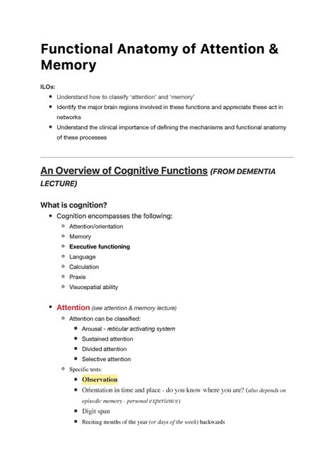 Functional Anatomy Of Attention And Memory F U N C T I O N A L A N A