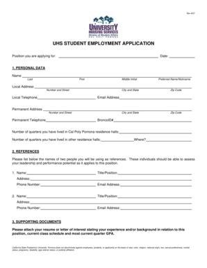 Fillable Online Dsa Csupomona UHS Student Employment Application Cal