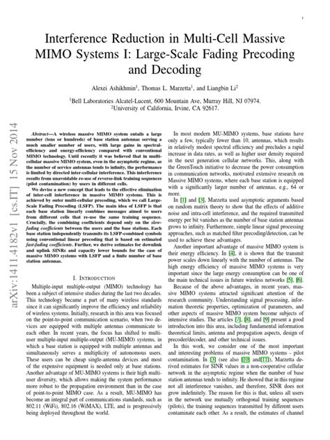 Interference Reduction In Multi Cell Massive Mimo Systems I Large Scale Fading Precoding And