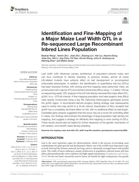 Pdf Identification And Fine Mapping Of A Major Maize Leaf Width Qtl