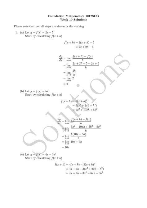 Week 10 Solutions Summary Sheet For Week 10 Lecture Notes Solutions Foundation Mathematics