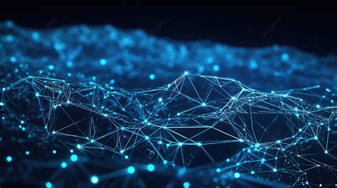 파란색 점이 있는 디지털 네트워크 이미지 3d 그림 디지털 블록 체인 코드 체인 링크 네트워크 파란색 도트 네트워크에서 빛나는 삼각형의 낮은 다각형 그리드 배경