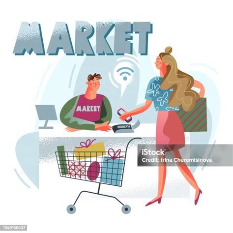 쇼핑 쇼핑객및 점원과 슈퍼마켓 카운터에서 의한 현금없는 지불 Brand Name Smart Phone에 대한 스톡 벡터 아트 및 기타 이미지 Brand Name