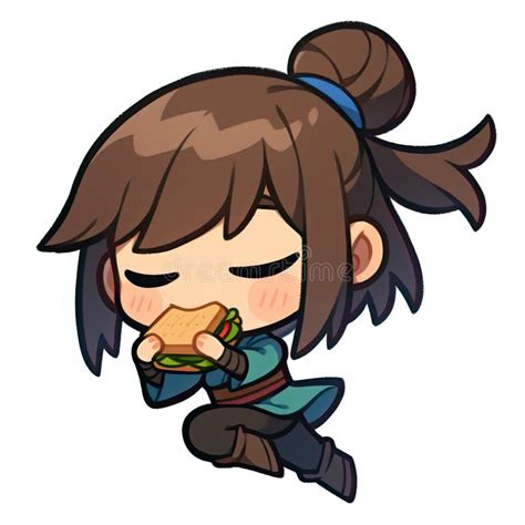 Cute Chibi Character Enjoying Tiny Sandwich While Running Happily Stock