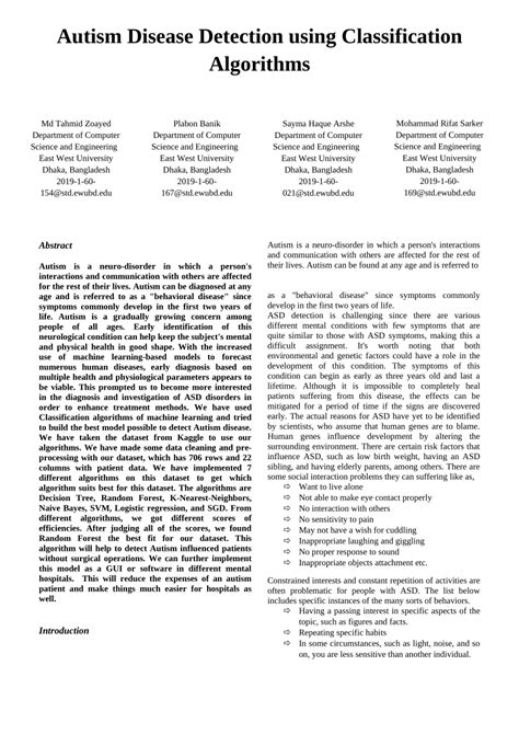 PDF Autism Disease Detection Using Classification Algorithms