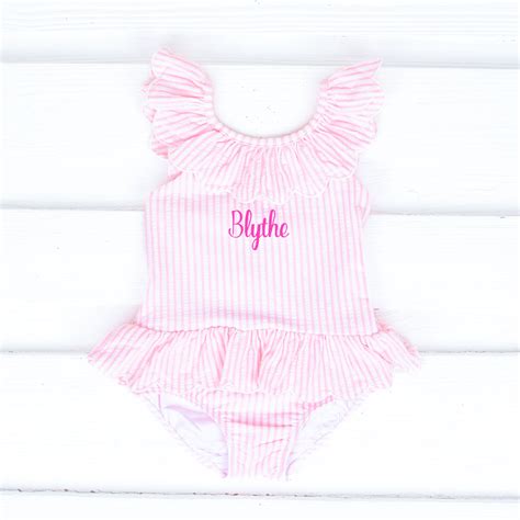 Pink Stripe Seersucker Girls Swimsuit Classic Whimsy