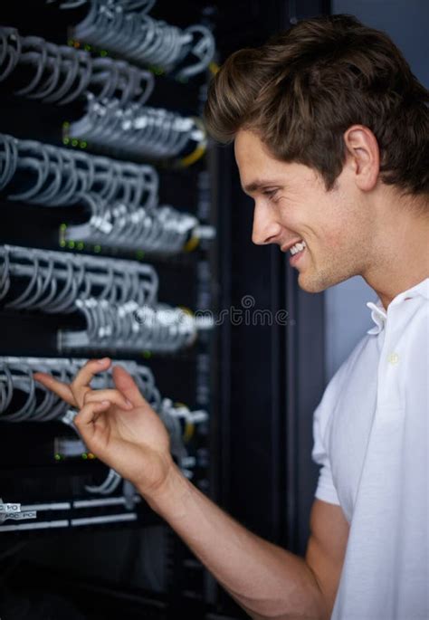 Server Room Man And Check Cables With Smile Thinking And Connectivity