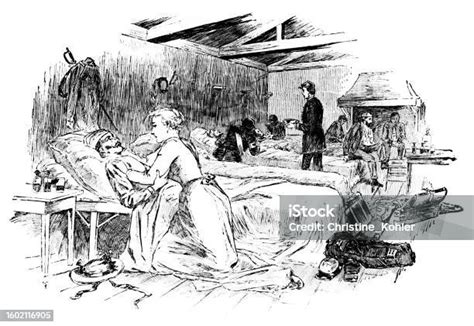 남북 전쟁 야전 병원의 여성 간호사 군인 미국 남북 전쟁 18611865 American Civil War에 대한 스톡 벡터