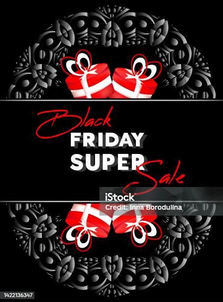 블랙 프라이데이 판매 배너 전단지 텍스트 추상적 인 장식품 및 검은 색 배경에 빨간색 선물 상자 Publicity Event에 대한 스톡 벡터 아트 및 기타 이미지 Istock