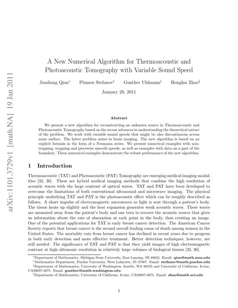 Pdf A New Numerical Algorithm For Thermoacoustic And Photoacoustic Tomography With Variable