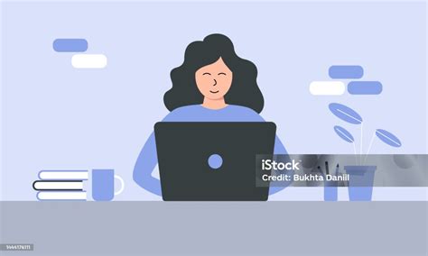 재택 근무하는 여성 방 책상에 앉아 컴퓨터 화면을 보고 있는 캐릭터 Brand Name Online Messaging