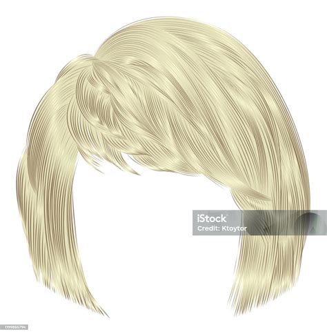 프린지와 유행 여자 머리 개레 밝은 금발 색상 중간 길이 뷰티 스타일 현실적인 3d 가발에 대한 스톡 벡터 아트 및 기타 이미지 Istock