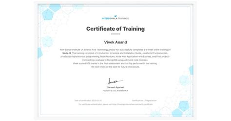 successfully completed the node js training from internshala trainings