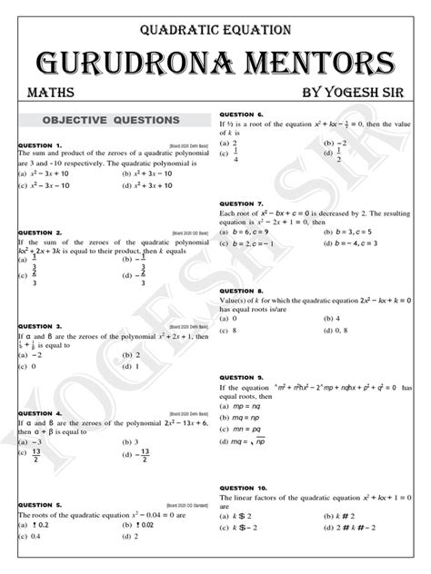 Quadratic Equation Assignment Gurudrona Pdf