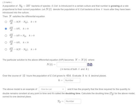 Solved 2 Marks A Population Of N0 237 Bacteria Of Species Chegg Com