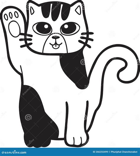 Hand Drawn Maneki Neko Or Lucky Striped Cat Illustration In Doodle
