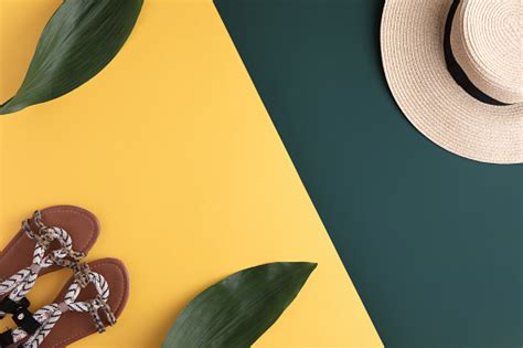 화려한 여름 여성 패션 옷 플랫 하다 밀 짚 모자 선글라스 팜 잎 노란색 배경에 평면도 공간을 복사 여름 패션 휴일 평평 하다 0명에 대한 스톡 사진 및 기타 이미지