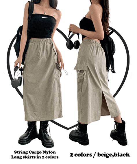 스트링조절가능 원투 힙 스트링 바스락 포켓 밴딩 롱 카고 스커트 에이블리