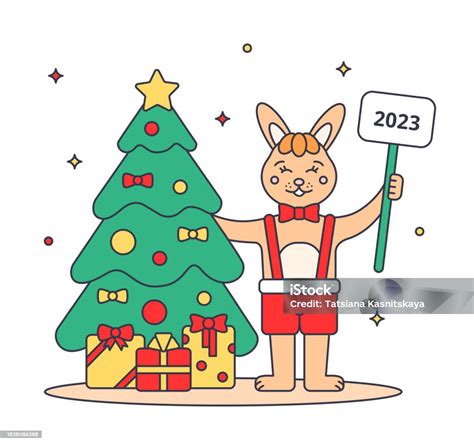 토끼 2023 새해 컨셉 귀여운 행복 한 토끼와 크리스마스 트리 2023년 올해의 상징 토끼의 해 벡터 일러스트 레이 션입니다
