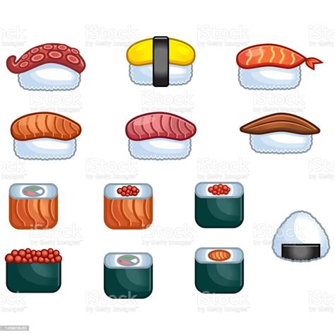 다른 초밥 사시미 세트입니다 초밥 일본 음식의 다른 스타일 아이콘 세트 그림입니다 평면 디자인 만화 벡터 일러스트 컬렉션입니다 흰색 배경에 격리 Unagi Sushi에 대한