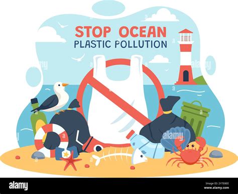Stop Ocean Plastic Pollution Vector Illustration With Trash Under The