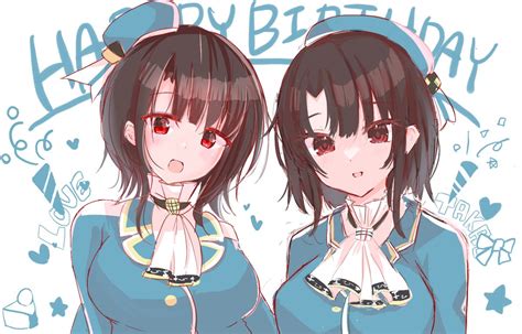 Safebooru 2girls Ascot Beret Birthday Cake Black Hair Blue Headwear