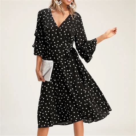 Lulus Dresses Socialite Black And White Polka Dot Wrap Midi Dress